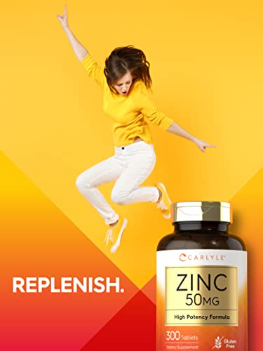 Zinc 50mg | 300 Tablets | Vegetarian, Non-GMO, and Gluten Free Supplement | Zinc Gluconate | High Potency Formula | by Carlyle