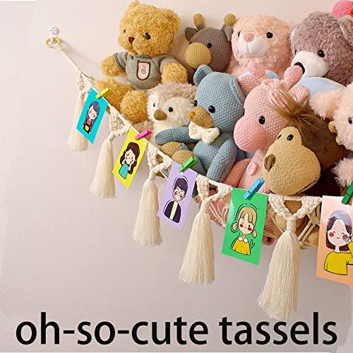 Mingtex Stuffed Animal Net or Hammock – Decorative Macrame Toy Hammocks for Kids Toys, Large Soft Net with LED Start Light String, Wall Hanging Hooks, and Wooden Photo Display Clips, Toy holder