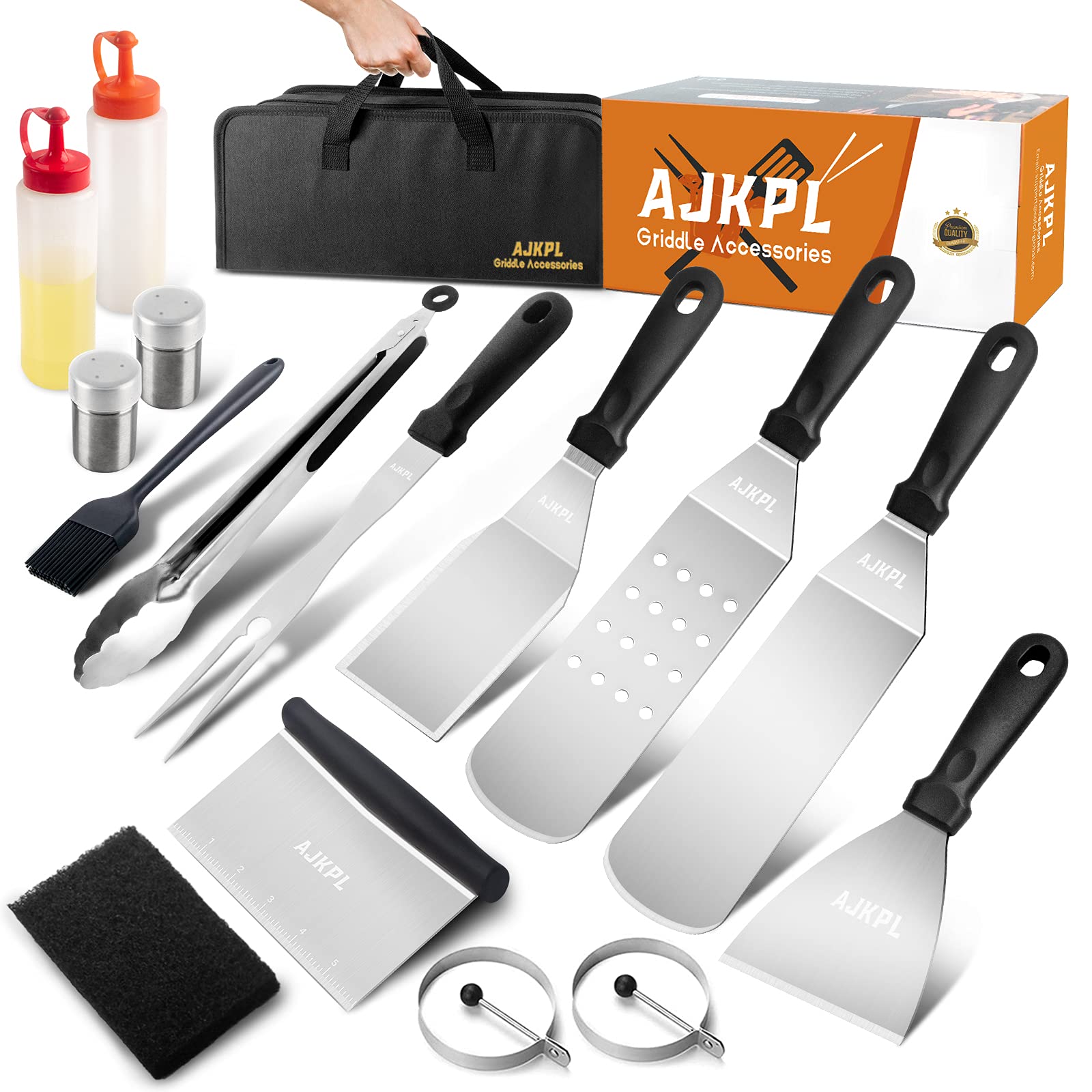Griddle Accessories Kit, Flat Top Grill Accessories with Long Spatula, Bench Scraper, Meat Fork, Tongs, Bottle, Egg Ring for Blackstone, Grill Accessories Set for Men Outdoor BBQ and Camp Chef