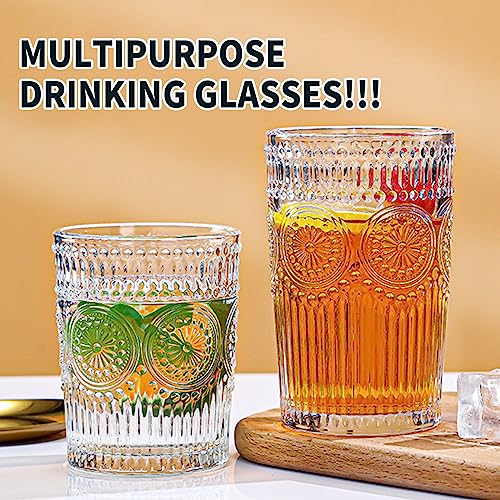 Vintage Drinking Glasses, Romantic Drinking Glasses Set of 8, 4 Highball Glasses 13 oz and 4 Rocks Glasses 9 oz, Textured Striped Drinking Glasses, Vintage Glassware Set for Juice, Beverages, Cocktail