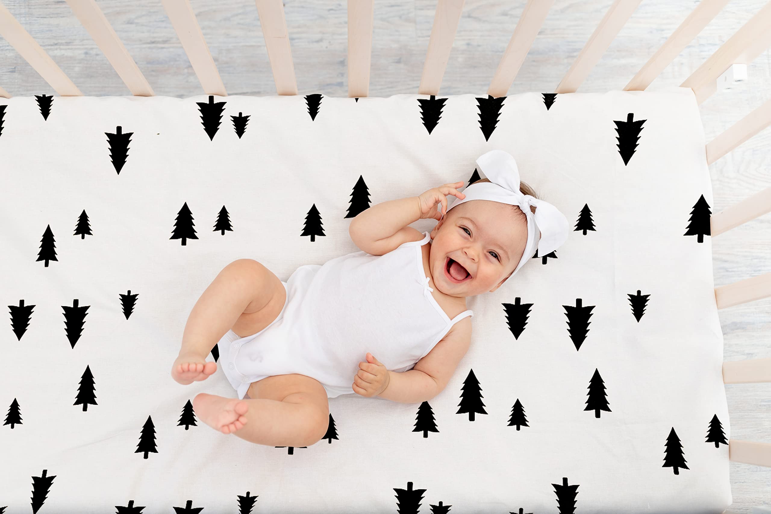 Mini Crib Pack n Play Travel Crib Fitted Sheet - White with Black Trees 100% Cotton Lightweight