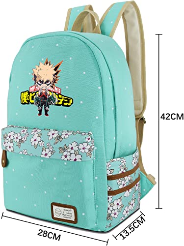 Roffatide Anime My Hero Academia Katsuki Bakugo Backpack Canvas Dots Backpack Green Rucksack Printed Bookbag Flower Pattern Schoolbag