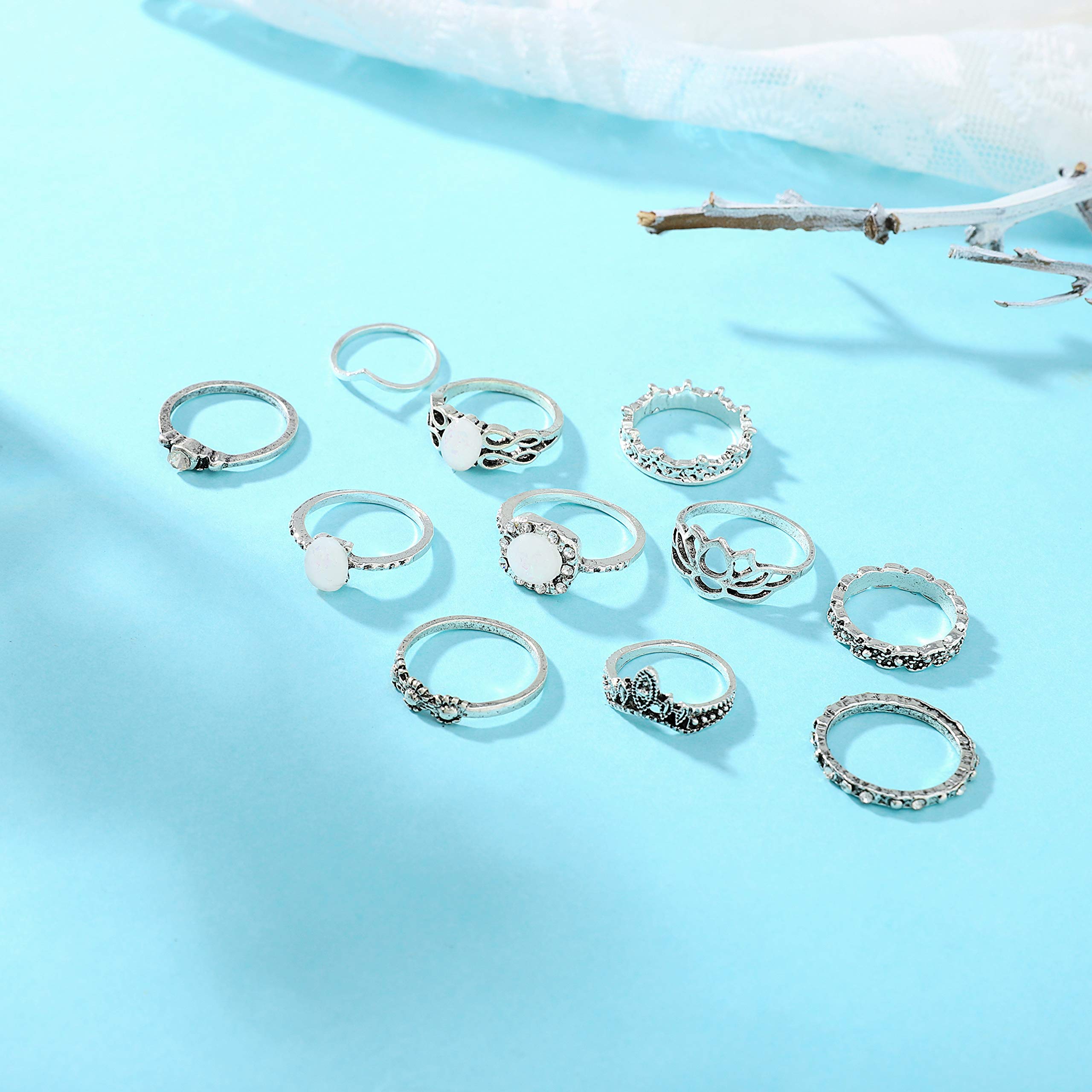 Edary Vintage Rings Set Gemstone Knuckle Rings Carved Stackable Rings Silver Lotus Mid Rings for Women and Girls(11PCS)