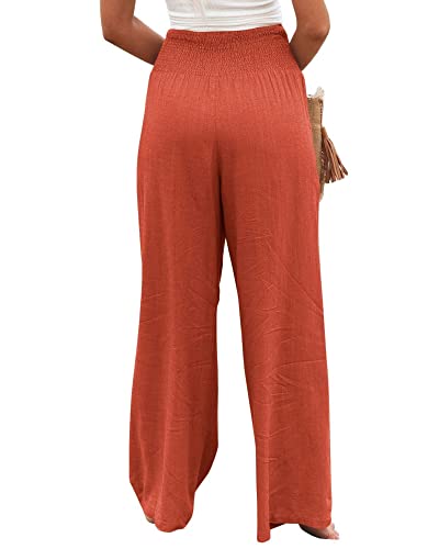 uSecee Linen Pants for Women Elastic High Waisted Wide Leg Palazzo Pants Casual Loose Long Lounge Pant Trousers with Pockets Orange