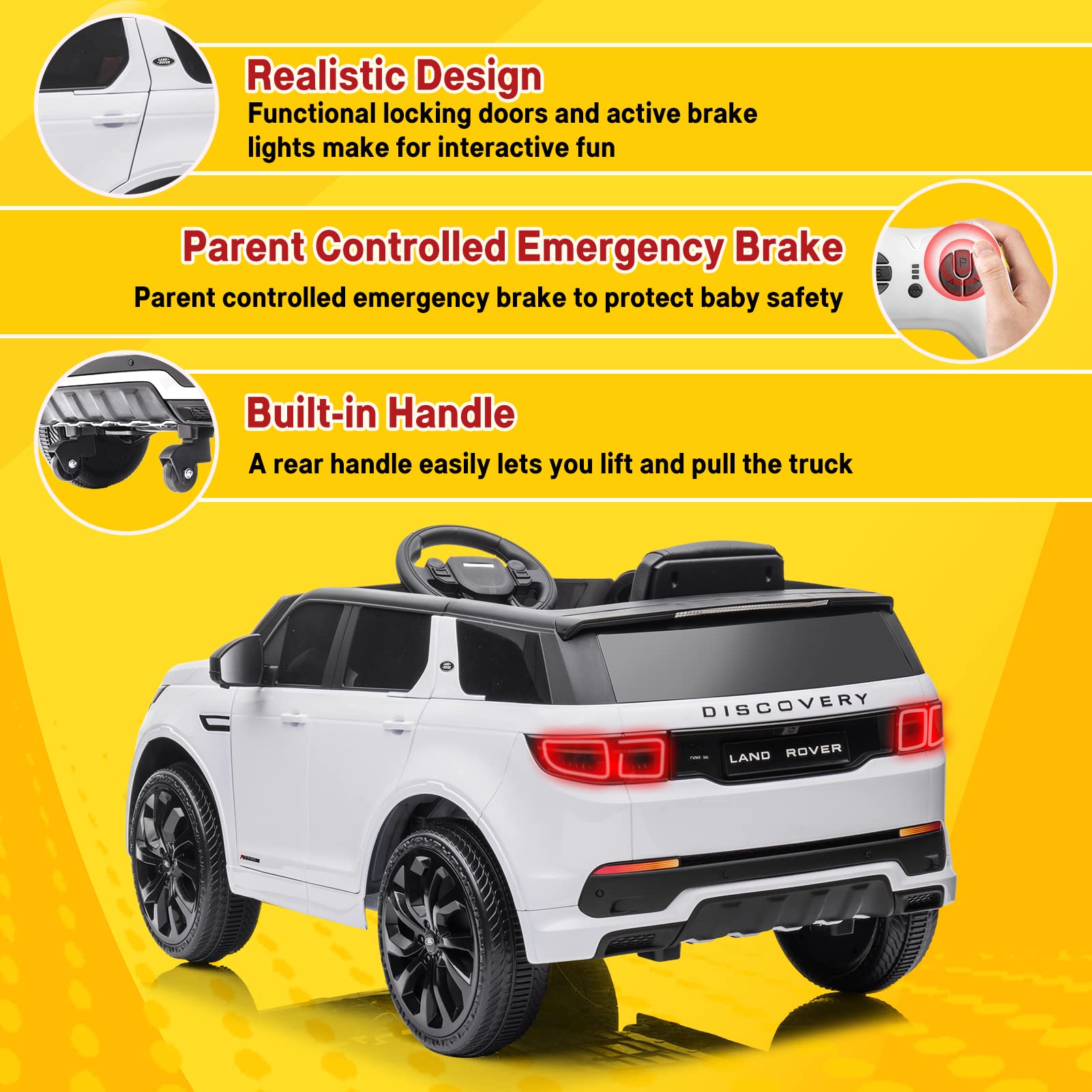 Hetoy Ride on Car for Kids 12V power Battery Electric Vehicles Licensed Land Rover Ride On Truck w/Parent Remote Control, MP3 Player, Rocking, Pull Rod (White)