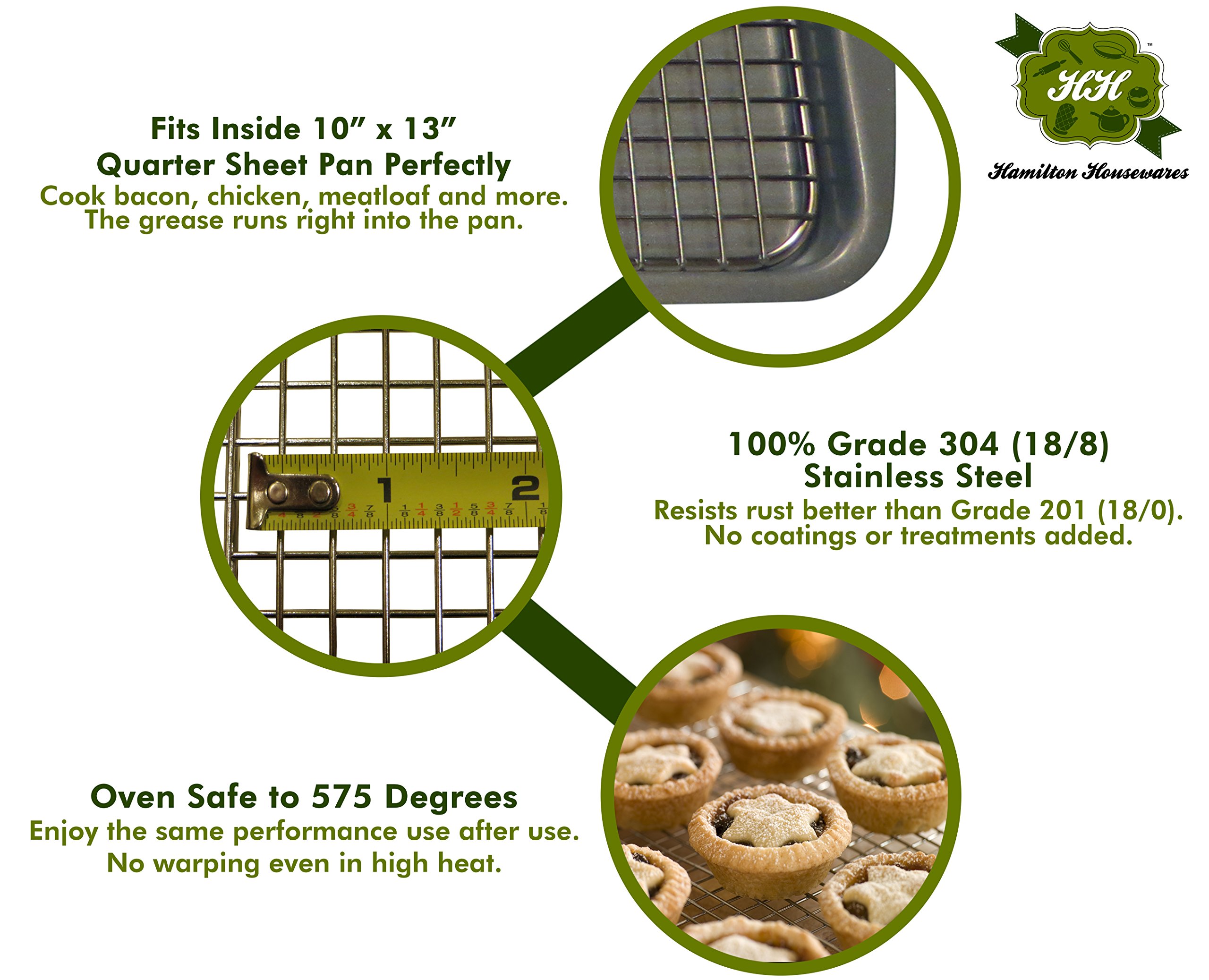 Hamilton Housewares Stainless Steel Cooling Rack - Heavy Duty and Oven Safe, Good for Cooling, Baking and Roasting - Perfect for Cookies, Cakes & More - Fits Perfectly in Quarter Sheet Pan(8.5" x 12")