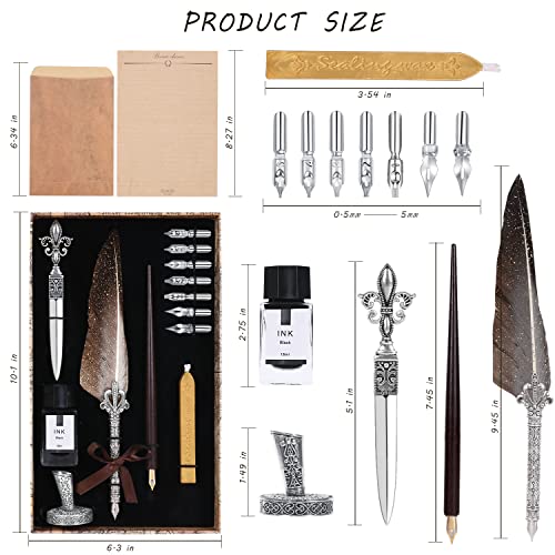 Vintage Quill Pen Ink Set,Feather Quill Pen with Wooden Calligraphy Pen, Including 7 Different Sizes of Nib, Calligraphy pen Set Gift & Women and Man(Grey)