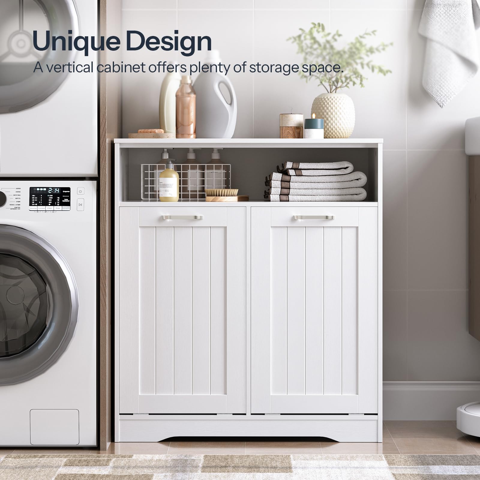HOOBRO Laundry Cabinet, Tilt-Out Laundry Hamper, Pull Out Laundry Sorter with 2 Removable Basket and Open Shelving, Storage Cabinet for Laundry Room, Bathroom, Living Room, White WT80XY01