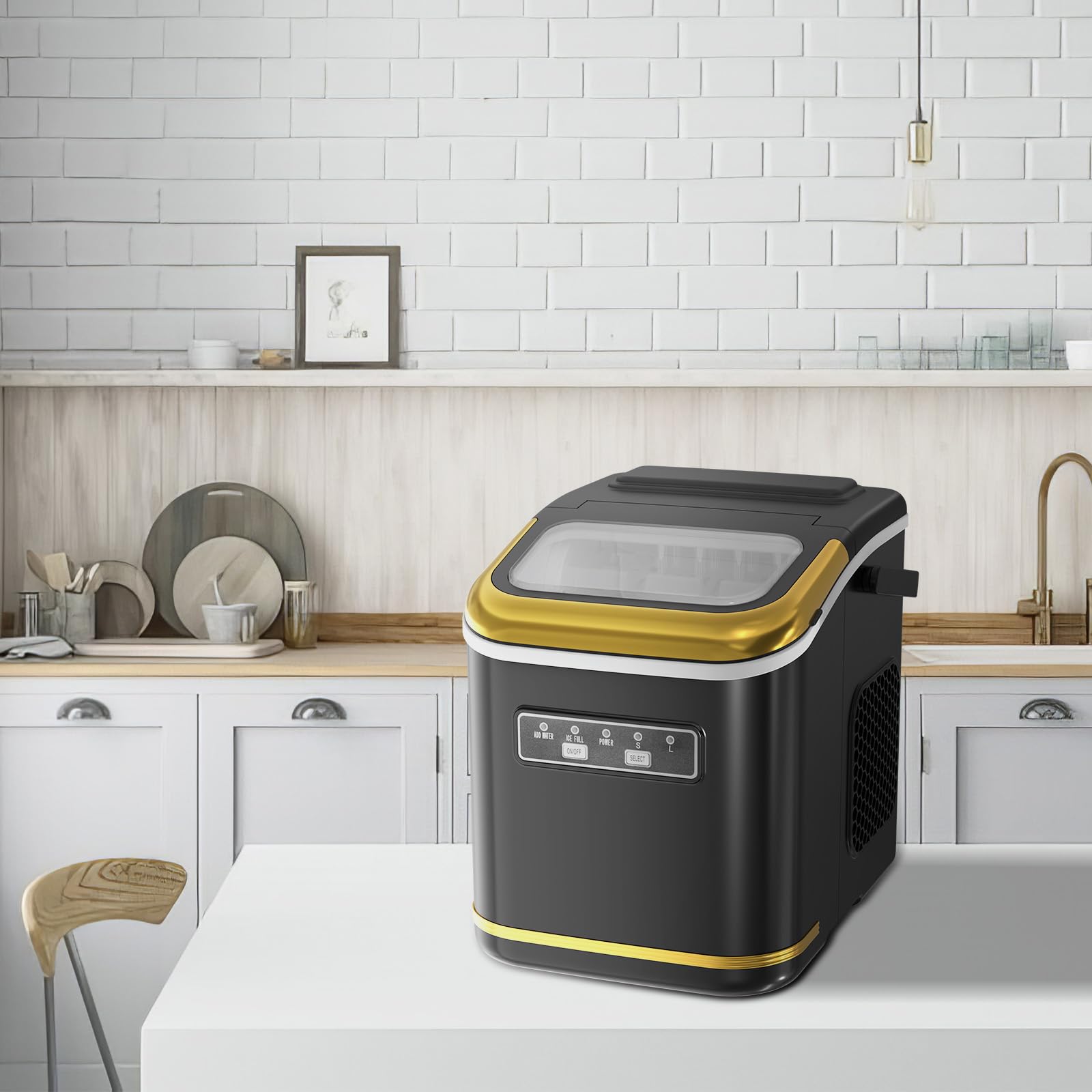 Ice Maker Countertop ZAFRO, Self-Cleaning Ice Machine with Ice Scoop and Basket, 26.5lbs/24h, 2 Sizes of Bullet Ice Cube, Black-Gold, Ideal for Home, Kitchen, Party, Dormitory.