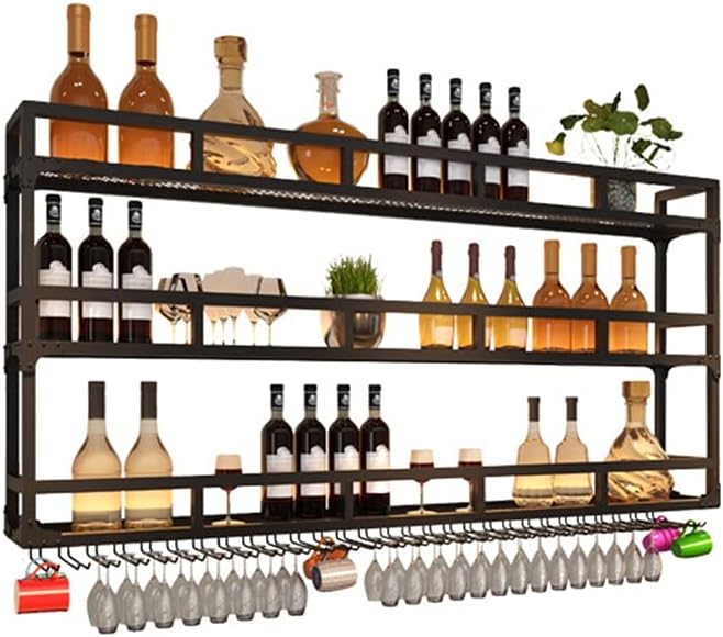 LED Wall Mounted Wine Rack, Customizable Metal Floating Shelves for Home, Restaurant, Bars, Bottle & Glass Holder with Upside Hanging Goblet