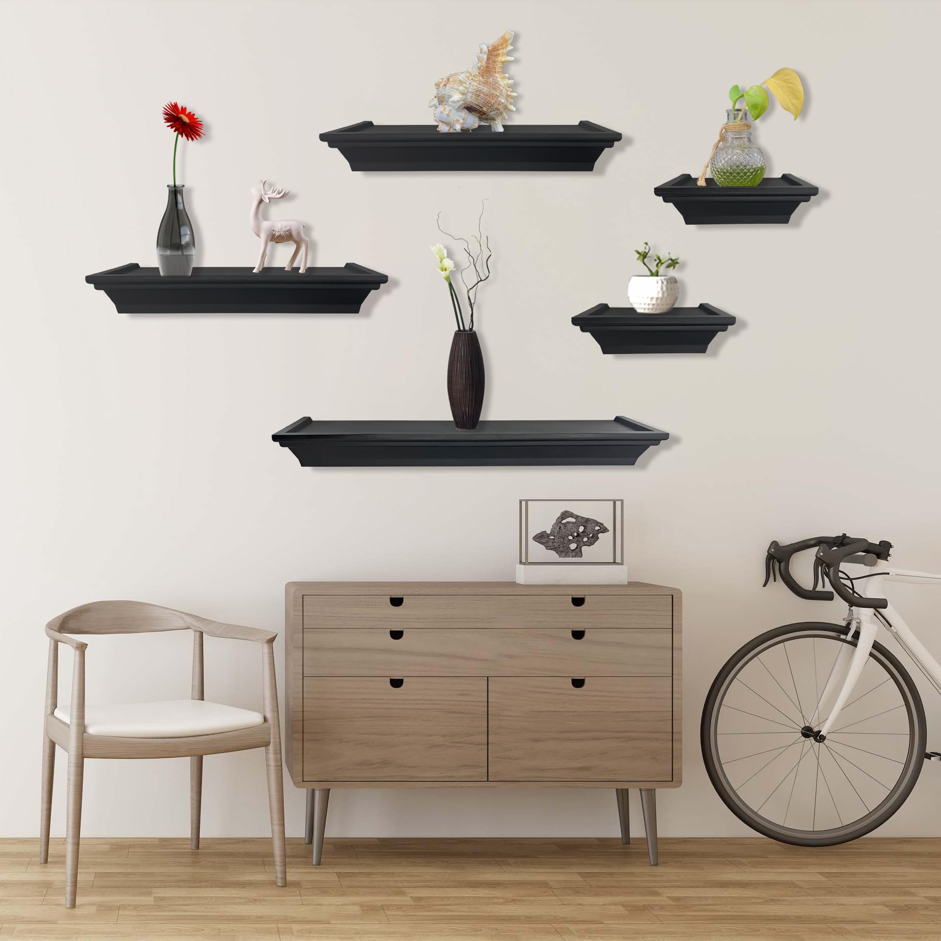 jomajo Floating Shelves for Room Decor, Shelves for Wall Storage, Wall Mounted Shelf for Plants,Books, Small Wall Shelves for Bedroom,Bathroom,Living Room,Kitchen(Black Set of 5)
