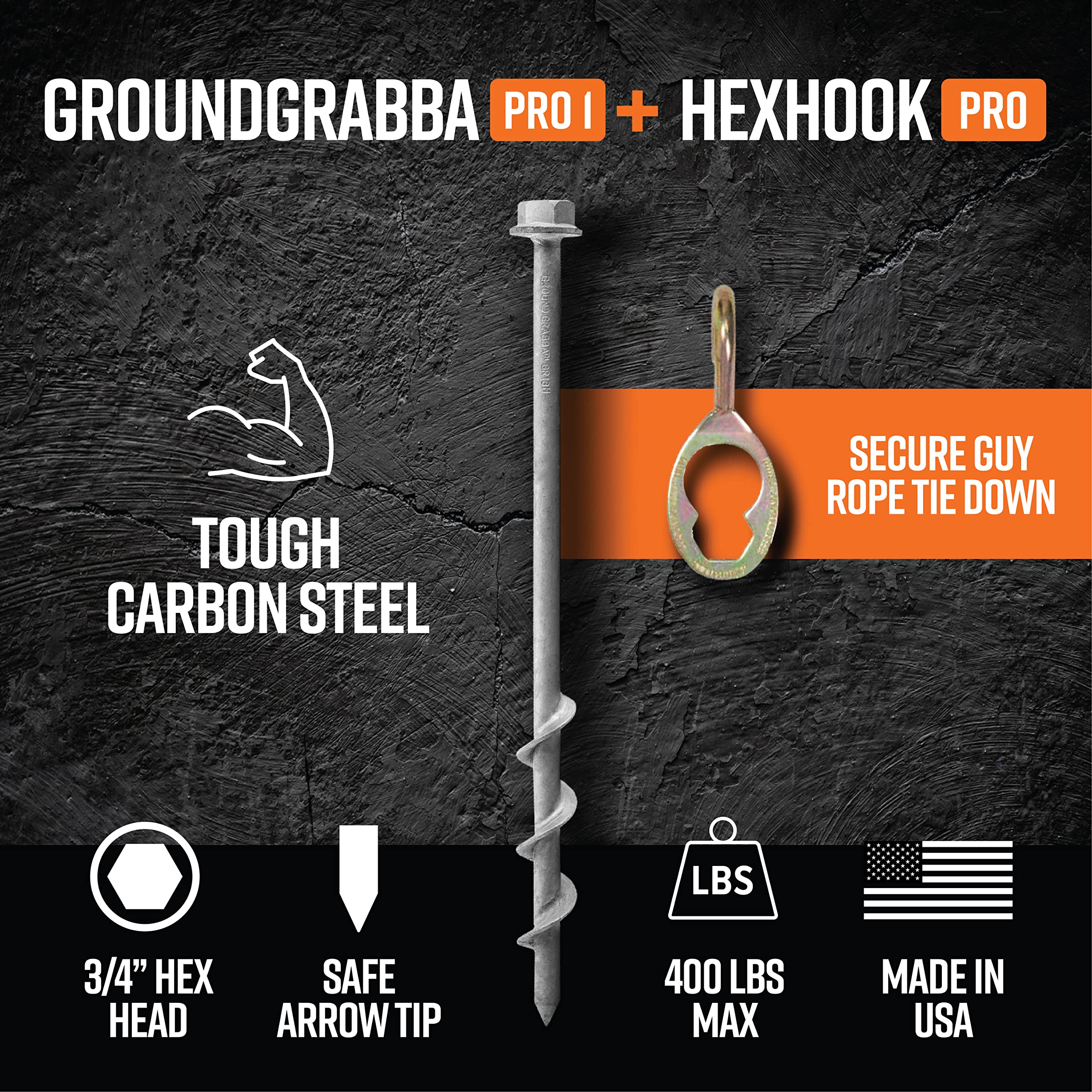 GROUNDGRABBA Screw in Tent Stake and Hexhooks for Normal to Hard Ground | Premium Drill Driven Ground Anchor Earth Screws | 4X GroundGrabba Pro Stakes and 4X GroundGrabba HexHook Pro