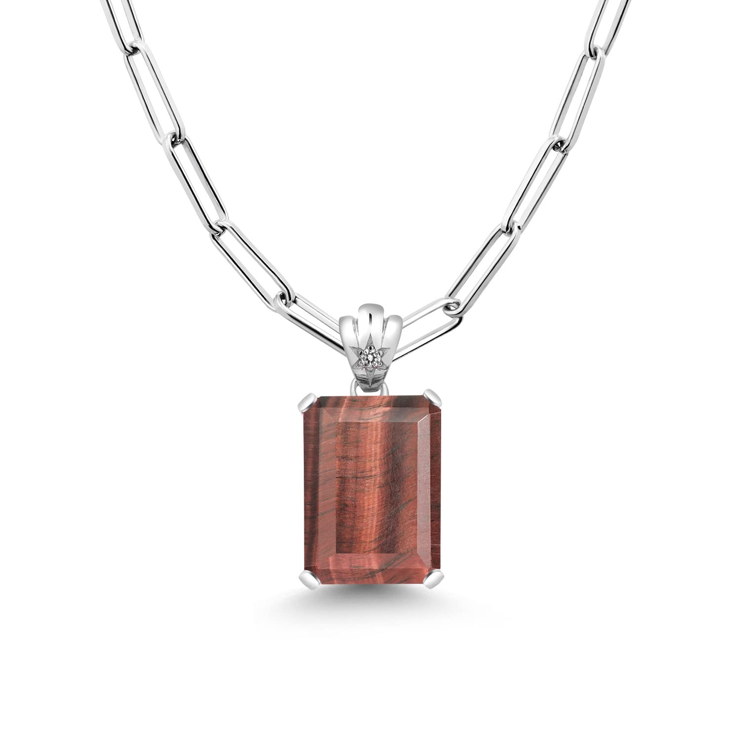 Gem Stone King 12.03 Ct Red Tiger Eye White Diamond 925 Sterling Silver Pendant with 3.25mm Paperclip Link Chain 18 inch with 2 inch Extender