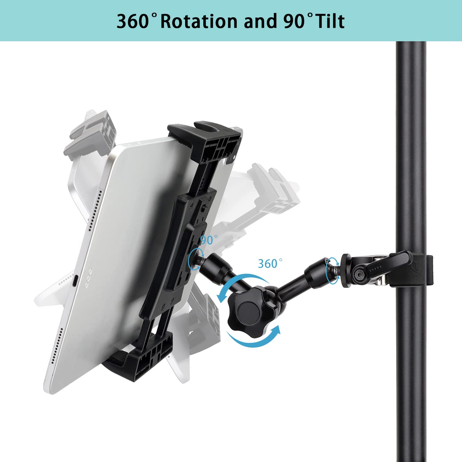 Mippko Tablet Holder for Microphone Stand and Mic Music Stand, 360° Swivel Tilt Aluminum Alloy Mount, Adjustable Clamp Fits 4.7~12.9" iPad/Nexus/LG G Pads/e-Reader/iPhone