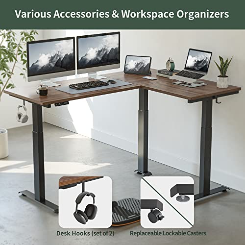 FEZIBO Triple Motor L-Shaped Electric Standing Desk, 63 Inches Height Adjustable Stand up Corner Desk, Sit Stand Workstation with Splice Board, White Frame/White Top