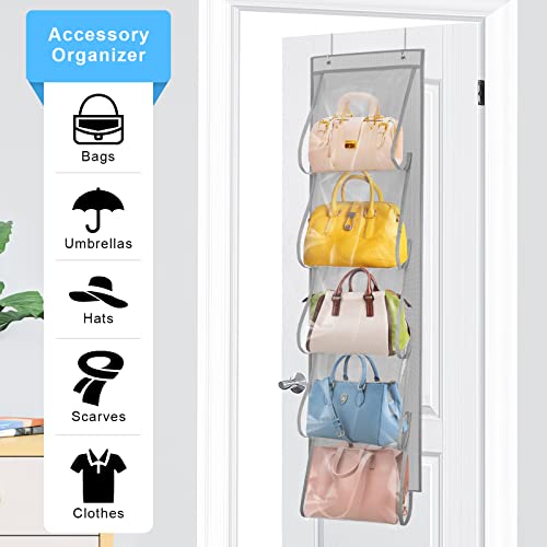 Towel Storage with 5 Pockets, Bath Towel Organizer for Rolled Towels Large Capacity Over The Door Towel Rack Bathroom Towel Holder Space Saving for Large Towels/Bathrobe/Thin Blanket, RV-Grey