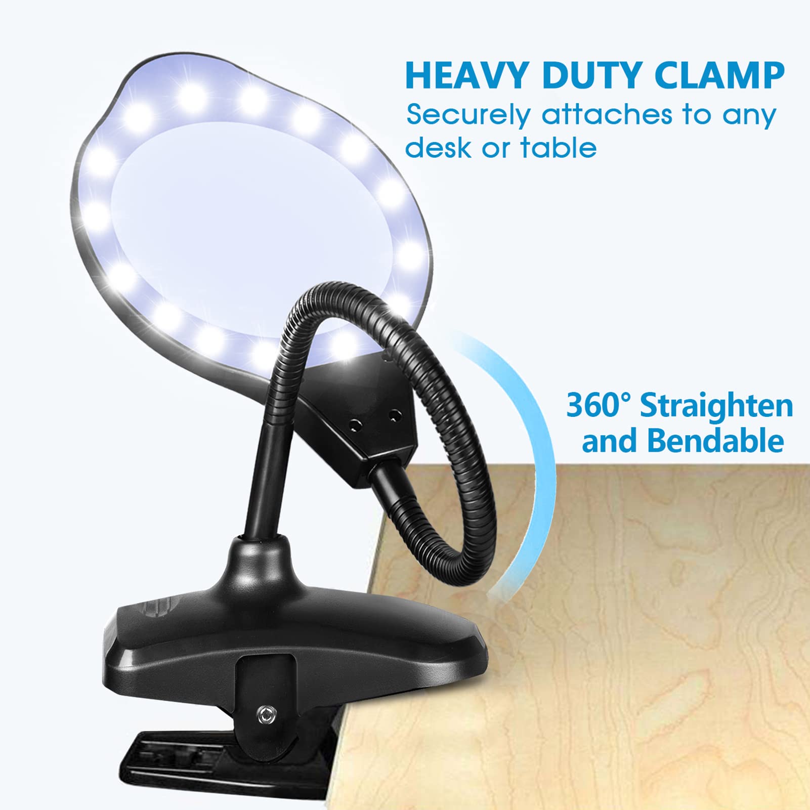 eletecpro Magnifying Glass Lamp, 2X-4X Magnifier LED Light with Clip and Flexible Neck,Magnifying Lamp USB Powered, Perfect for Reading, Hobbies, Task Crafts or Workbench - Black