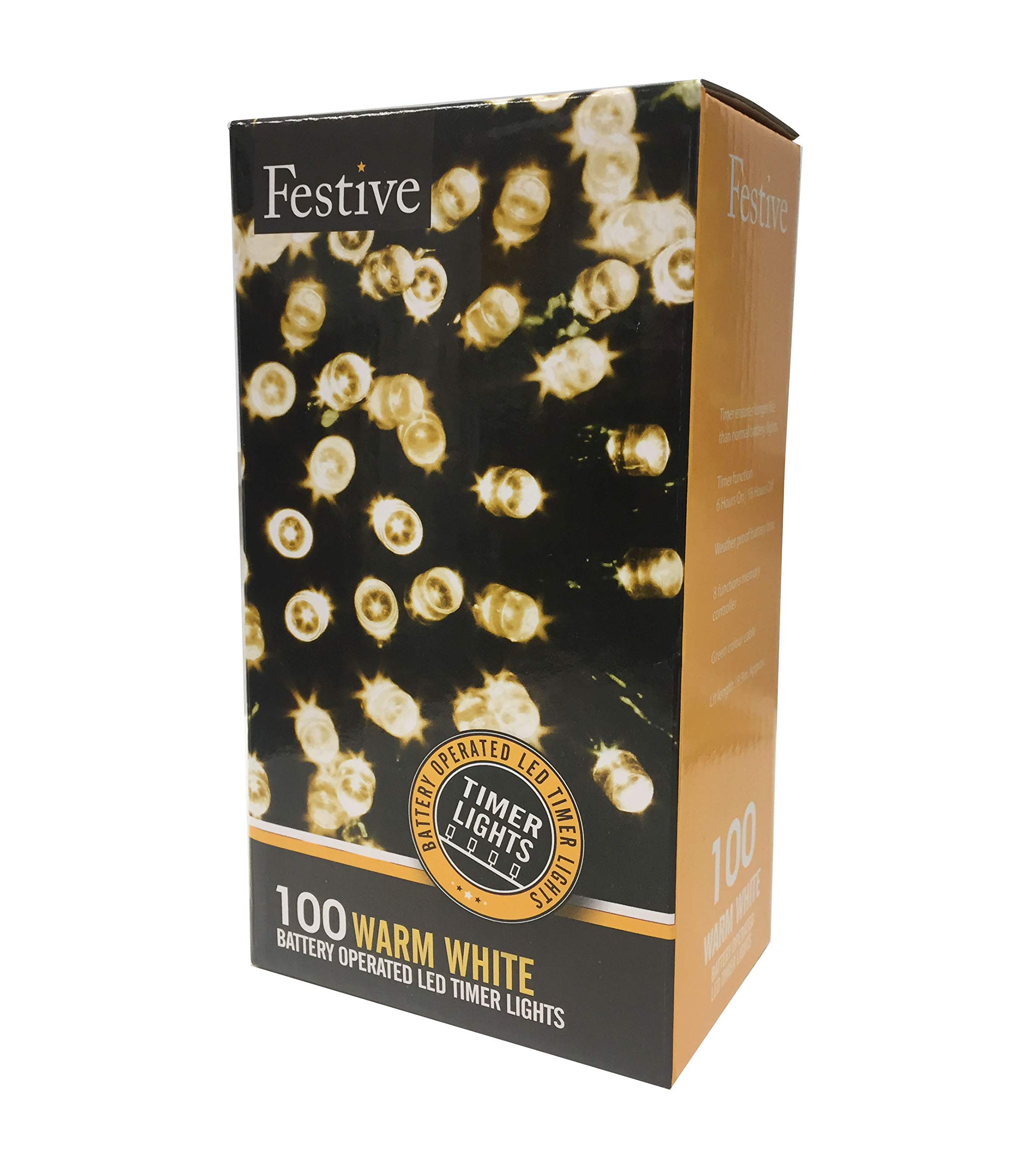 Festive Christmas String Lights, Battery Operated Timer LED, Warm White, 100 bulbs