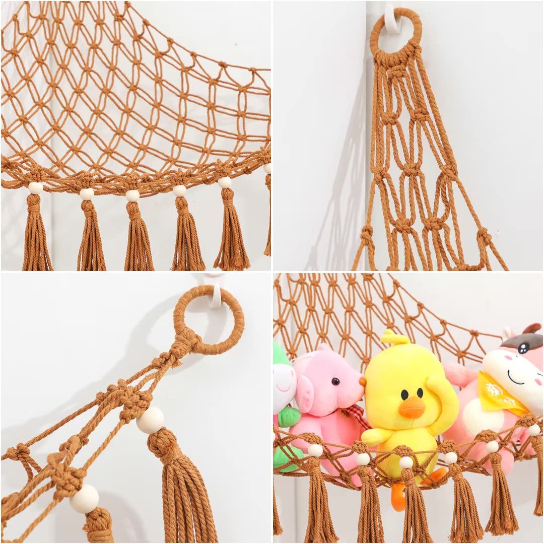 JIELAIMI Stuffed Animal Toy Storage Organizer, Toy Storage Hammock with Decorative Tassels Corner Large Capability Toy Net Holder (brown)