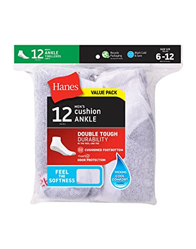 Hanes Ankle Socks, 12-pair Pack,White,shoe size:6-12