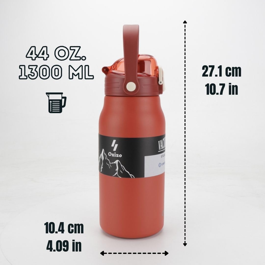 Insulated Water Bottle, 44 oz Thermos with Handle, Stainless Steel Water Bottle with Straw, Ozizo Thermos with Leakproof Lid