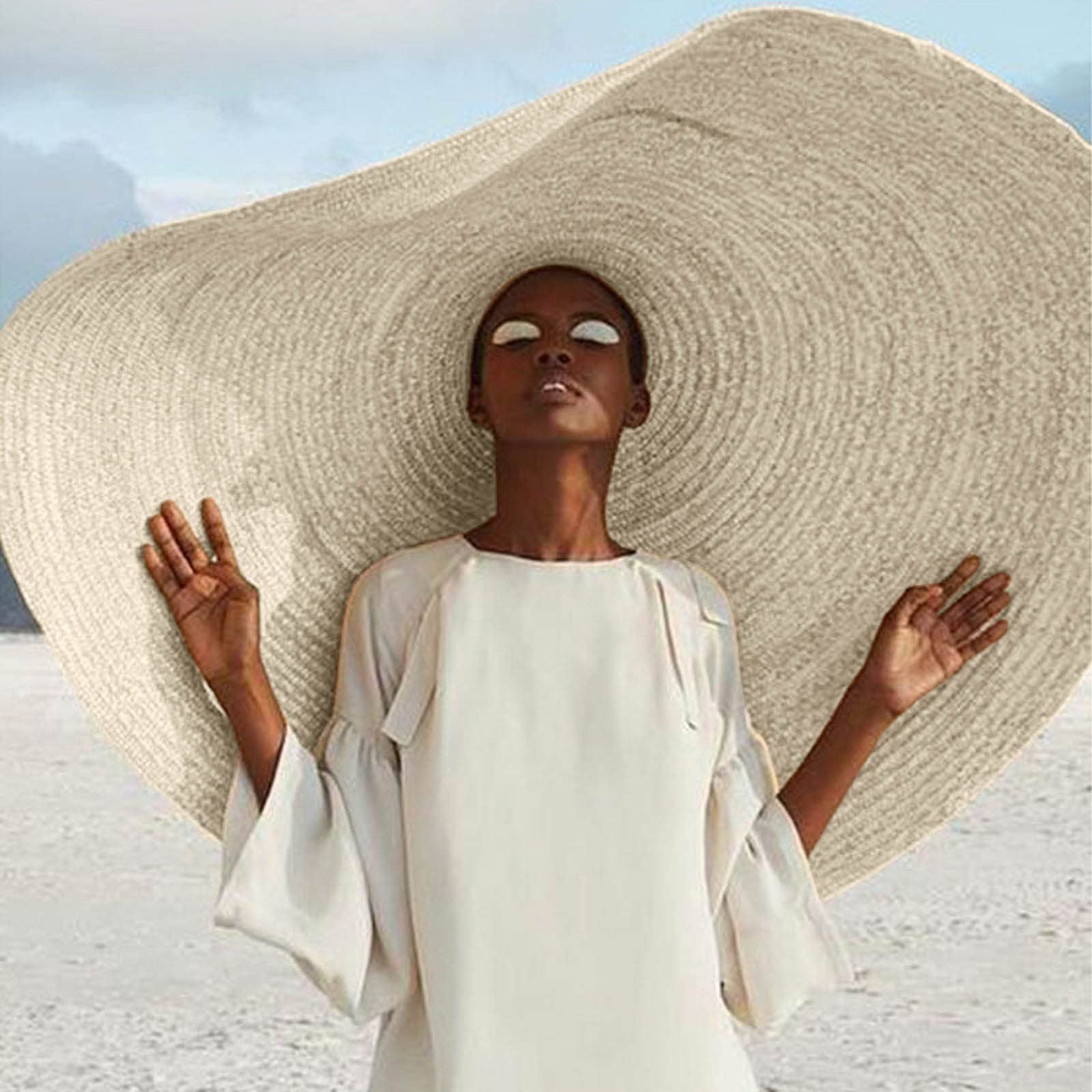 HNTHY Woman Large Sun Hat Beach Sun Protection Foldable Straw Cap Oversized Collapsible Beach Hat Beach (Color : A, Size : 27x27X9CM)