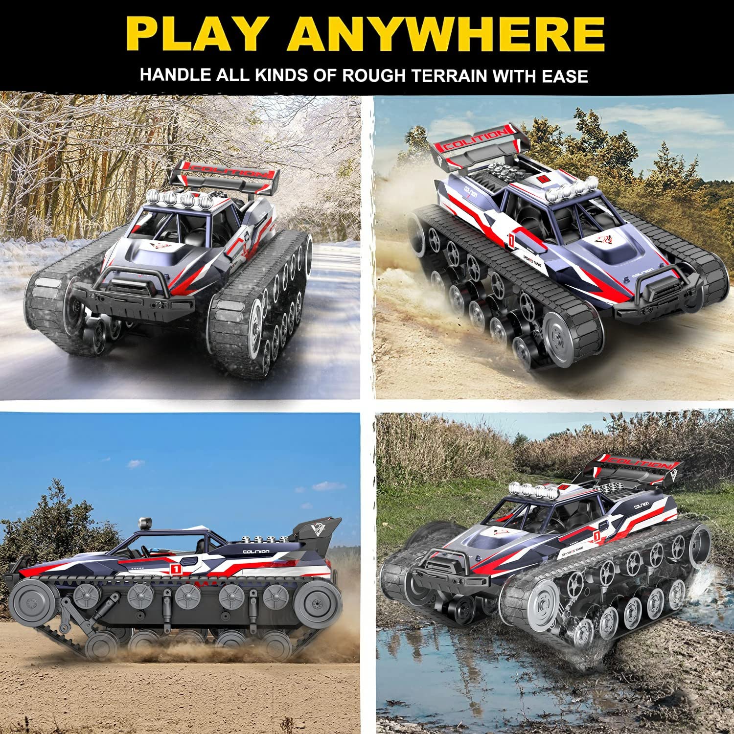Gamegood 1:12 Scale High Speed Remote Control Tank,2.4Ghz RC Rock Crawler Off-Road 4WD 360°Rotating Drifting Car Spraying LED Light RC Tank for Kids