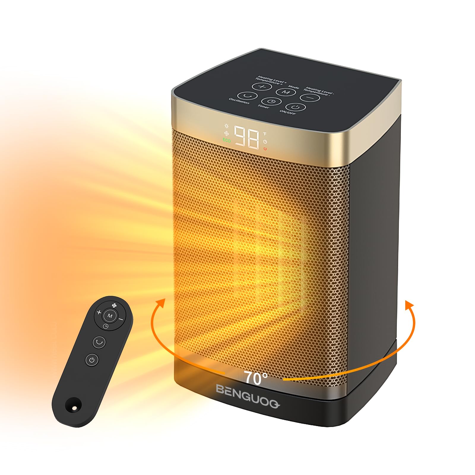 Electric Space Heater with Digital Thermostat, 70° Oscillating Portable Heaters for Indoor Use, Remote Control, 12H Timer, Fan Mode, ECO Mode 1500W Ceramic Quiet Heat Safe for Office Bedroom