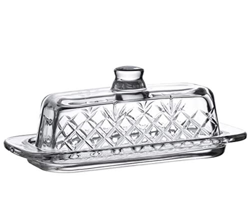 Royalty Art Glass Butter Dish with Lid, Single Stick Container with Handle Cover, Rustic Farmhouse or Vintage Boho Kitchen Accessory, Clear
