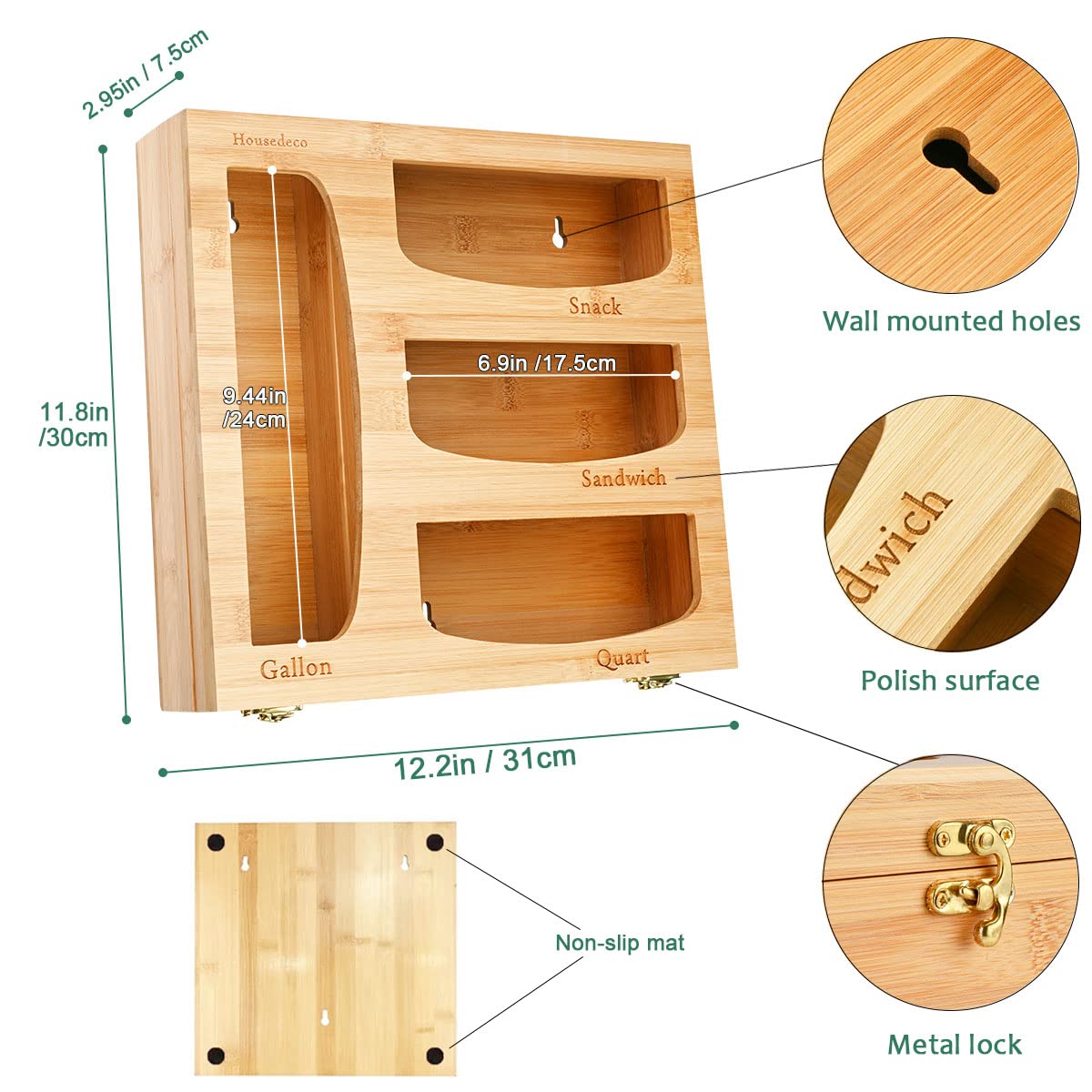 Housedeco Ziplock Bag Storage Organizer,Bamboo Kitchen Drawer Organizer Dispenser with lids,Suitable for Gallon,Quart,Sandwich & Snack Variety Size Ziplock Bag
