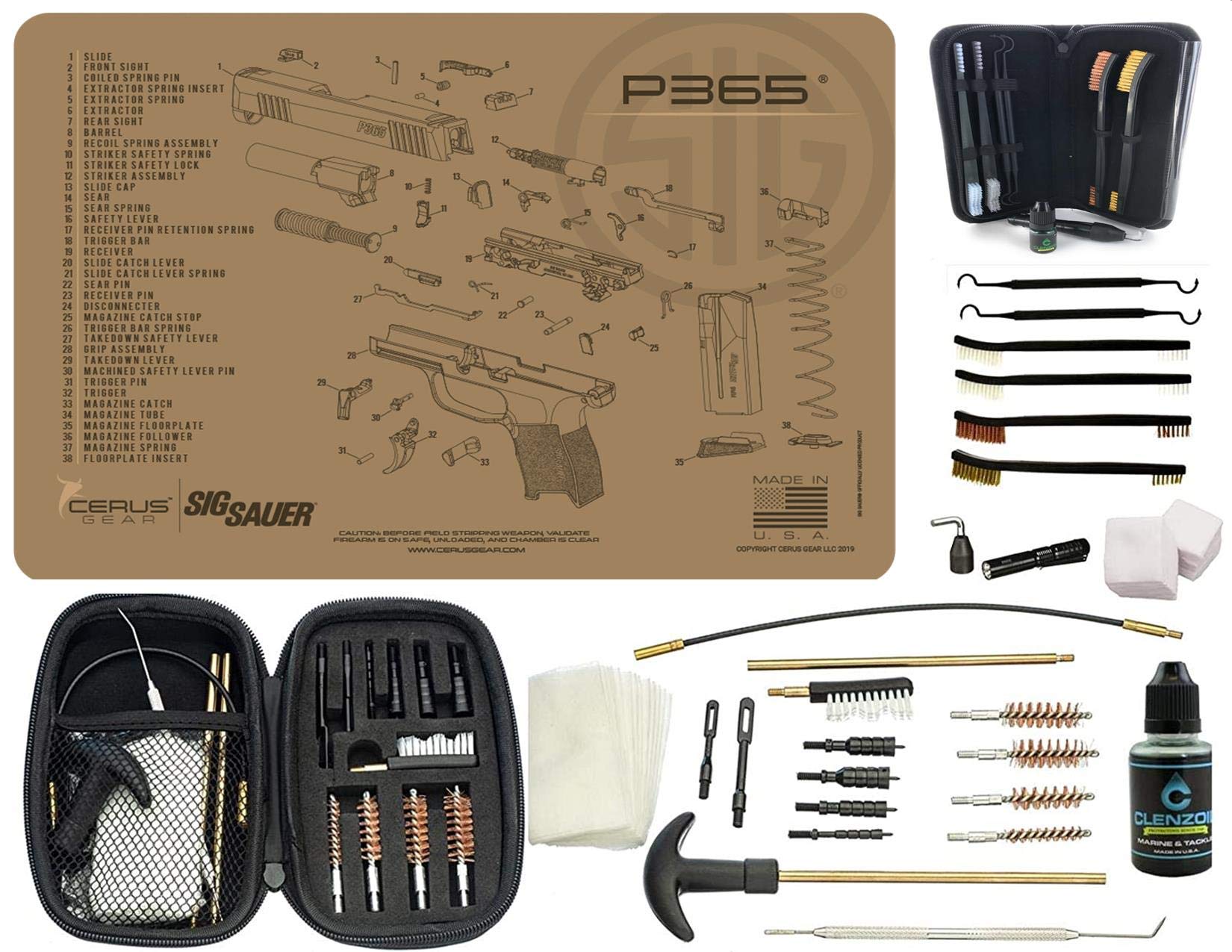 EDOG SIG P365 Tan (Exploded View) Flat Dark Earth PPistol Cleaning Mat & Range Warrior Handgun Cleaning Kit & E.D.O.G. Tac Pak Cleaning Essentials