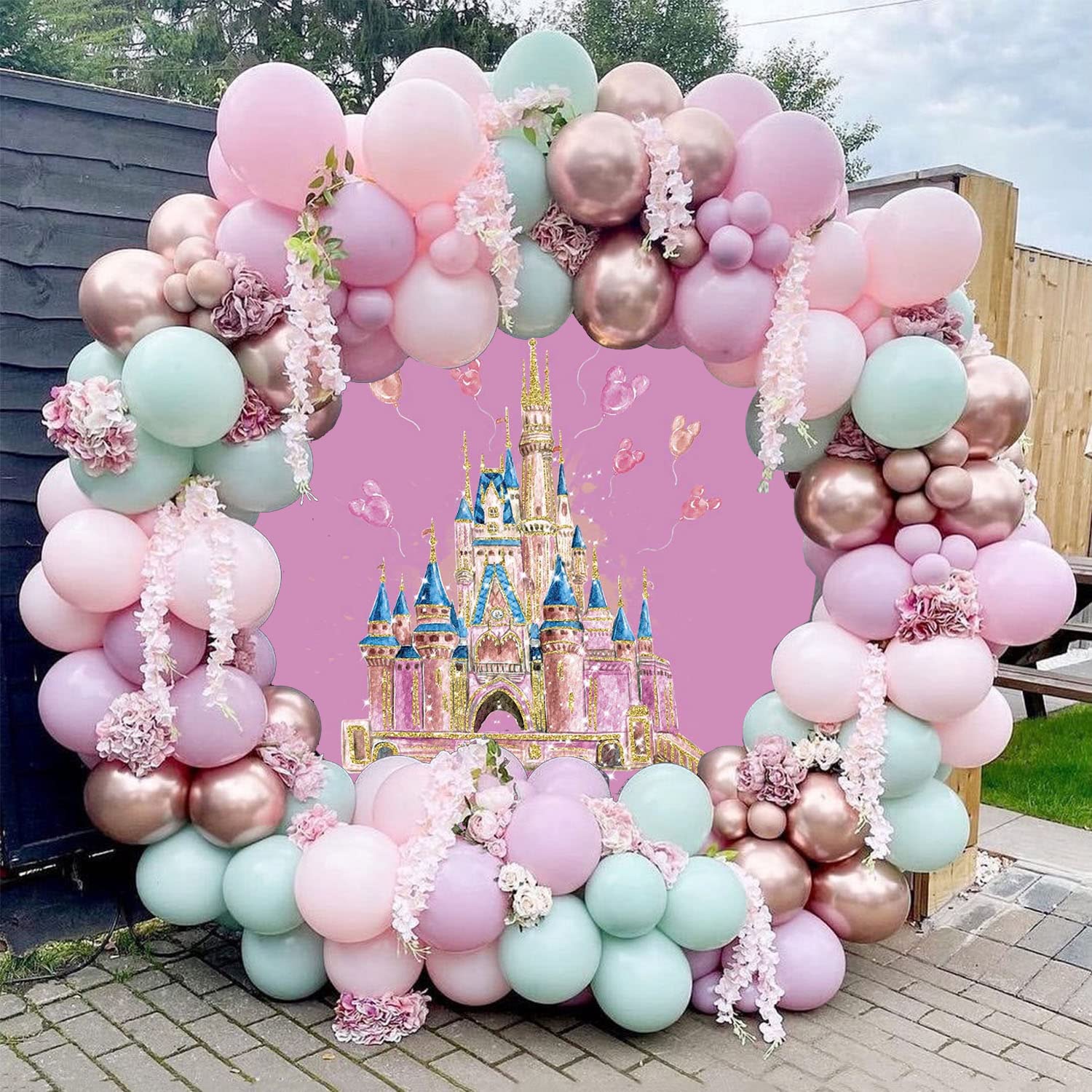 iydoda Baby Girl Birthday Party Decoration 7.5ft Diameter Round Backdrop Pink Castle Golden Cartoon Background Blue Shield Pattern Washable Ironable Fabric