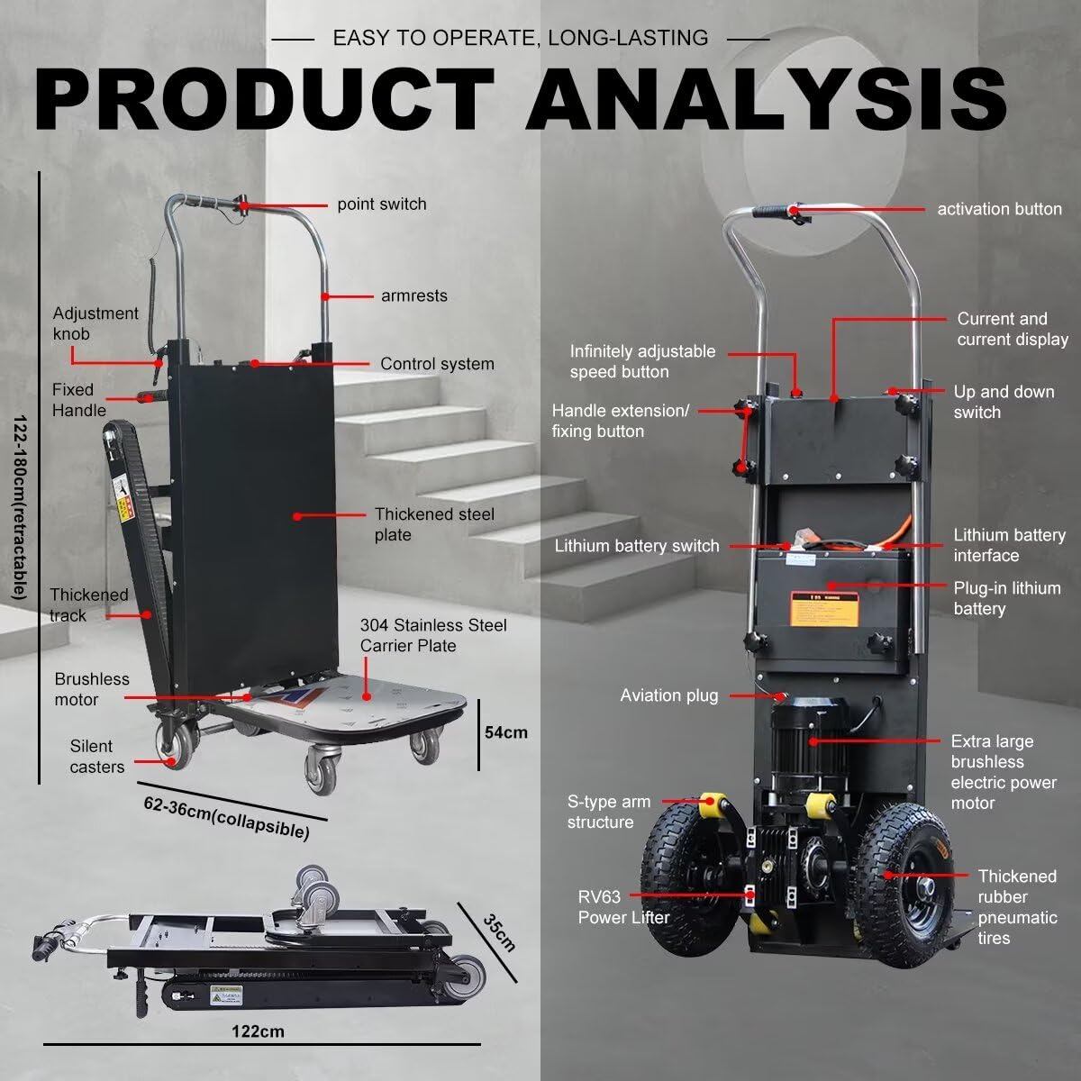 Electric Stair Climbing Hand Trucks Cart Easy Up/Down with 10" Solid Rubber Tires, 1200 W 881lb Max Load for Moving Warehouse Logistics Distribution 24Ah