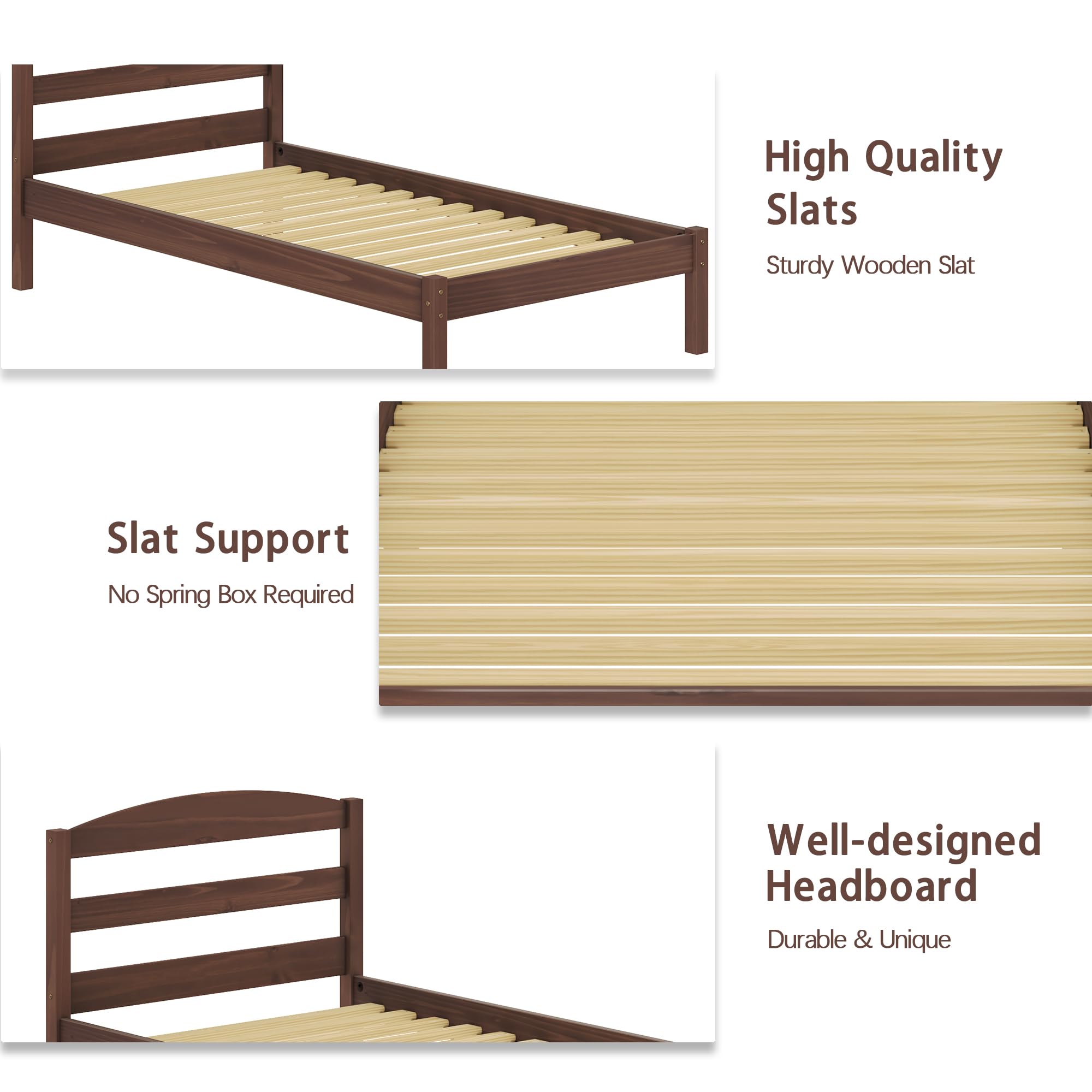 KYLE & KAY Twin Bed Frame with Wooden Headboard, Solid Pine Platform Bed with Wood Slat Support, Farmhouse Bed for Bedroom, Guest Room, No Box Spring Needed, Easy Assembly, Mahogany