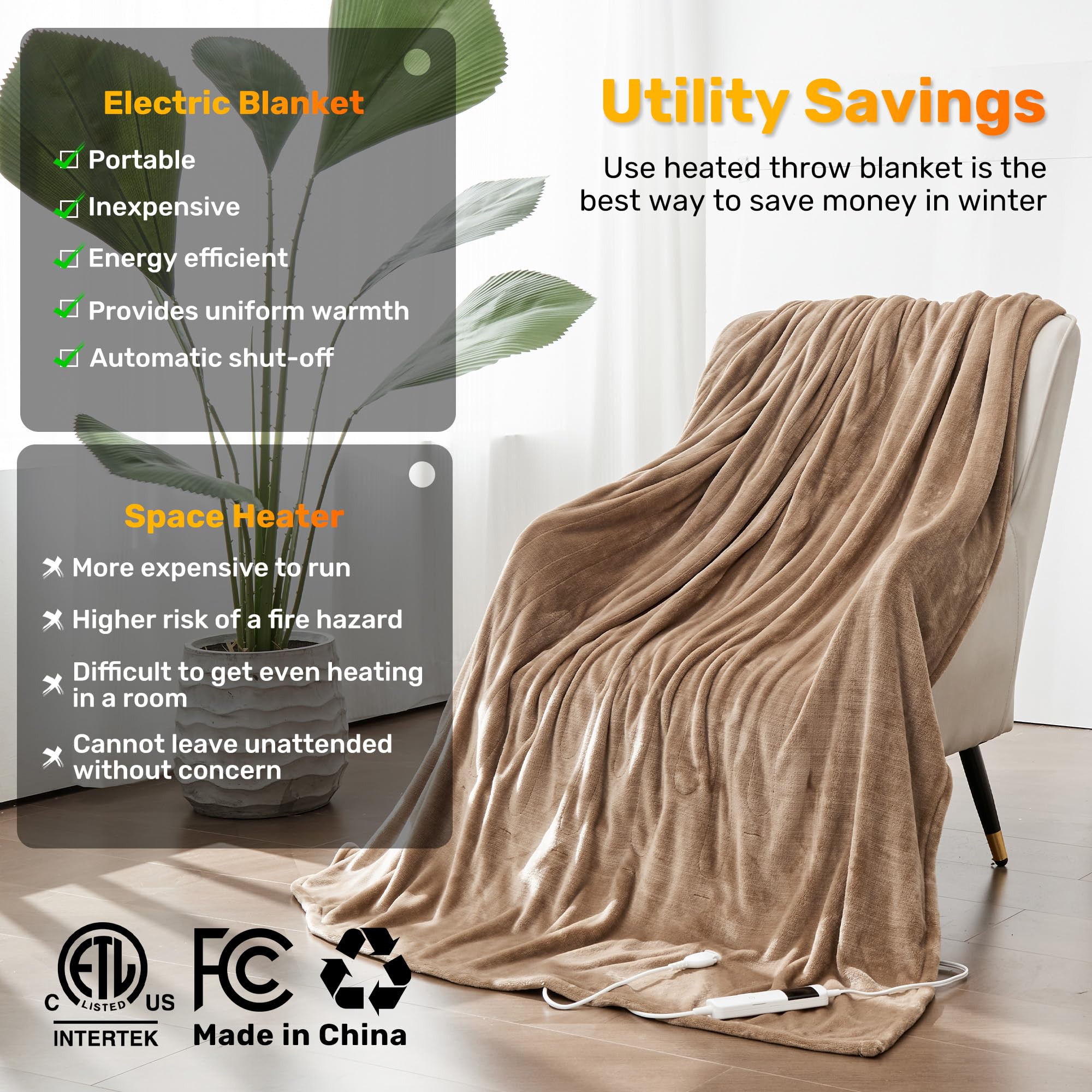 Flannel Electric Blanket King Size with Double 10 Heating Setting Controllers Fast Heating Heated Blanket Throw for Bed Couch, 1/2/4/6/8H Selectable Auto Shut Off Settings, 100"x90", Grey