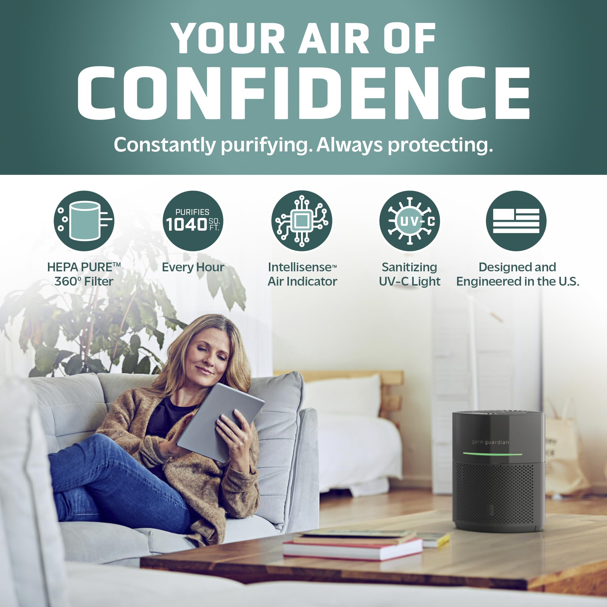 GermGuardian AirSafe+ Intelligent Air Purifier with 360° HEPA 13 Filter, Captures 99.97% of Pollutants, Wildfire Smoke, Large Rooms, Air Quality Sensor, UVC Light, Zero Ozone Verified, Black, AC3000B