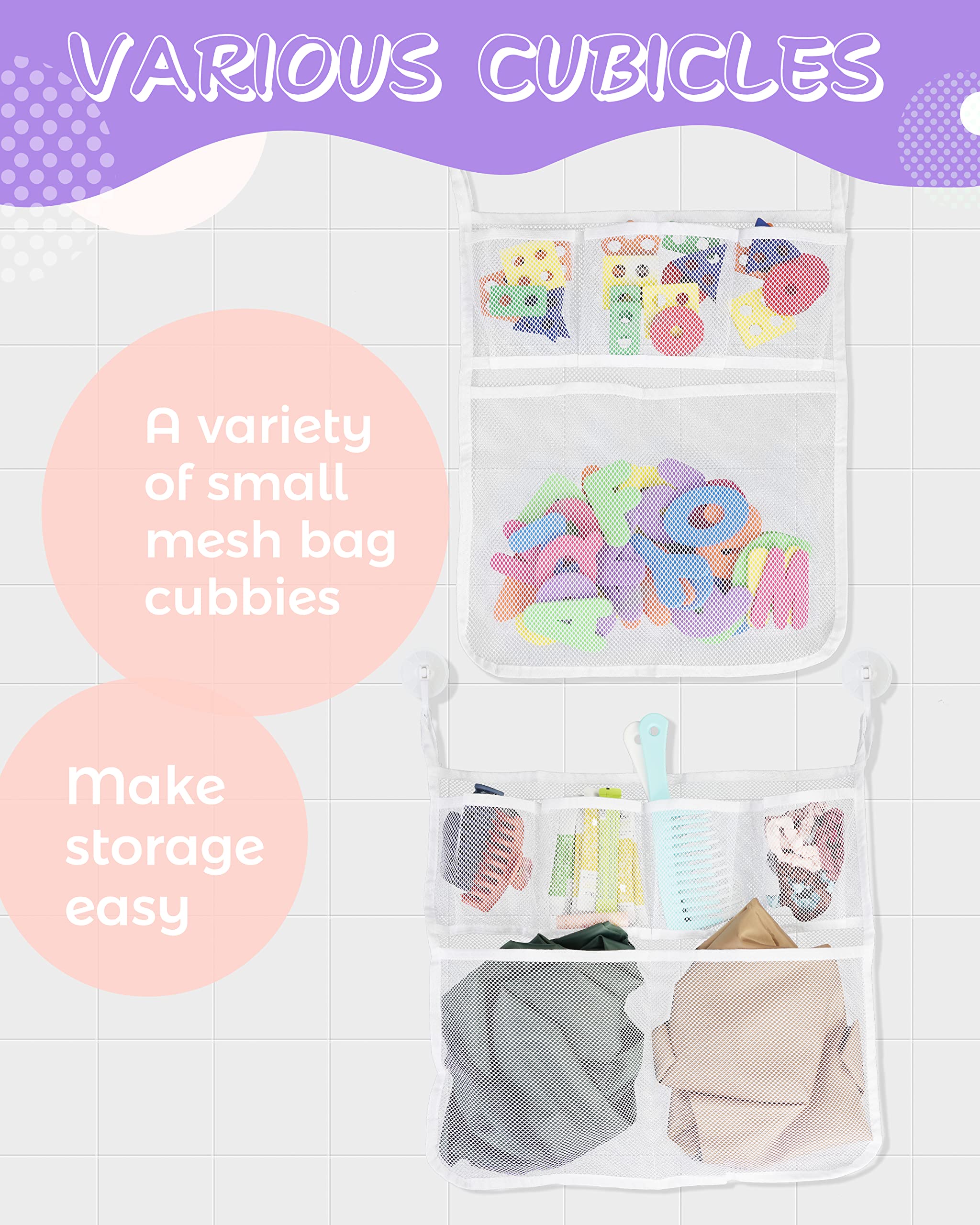 MoHern Bath Toy Storage for Bath Toys, 3PCS Bath Toy Holder with 6 Ultra Strong Hooks and 36 Bath Letters & Numbers, Multi-use Mesh Bath Toy Organizer Making Bathtub Toy Storage Easy…