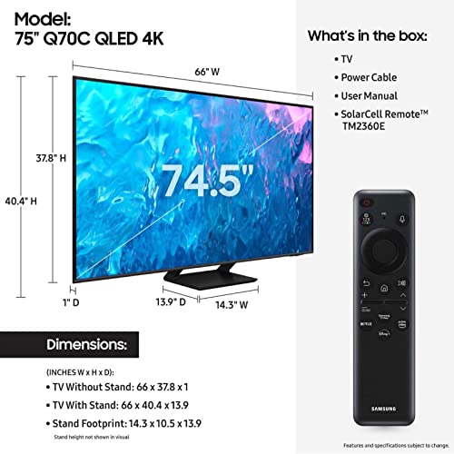 SAMSUNG 75-Inch Class QLED 4K Q70C Series Quantum HDR, Dual LED, Object Tracking Sound Lite, Q-Symphony, Motion Xcelerator Turbo+, Gaming Hub, Smart TV with Alexa Built-in (QN75Q70C, 2023 Model),Black