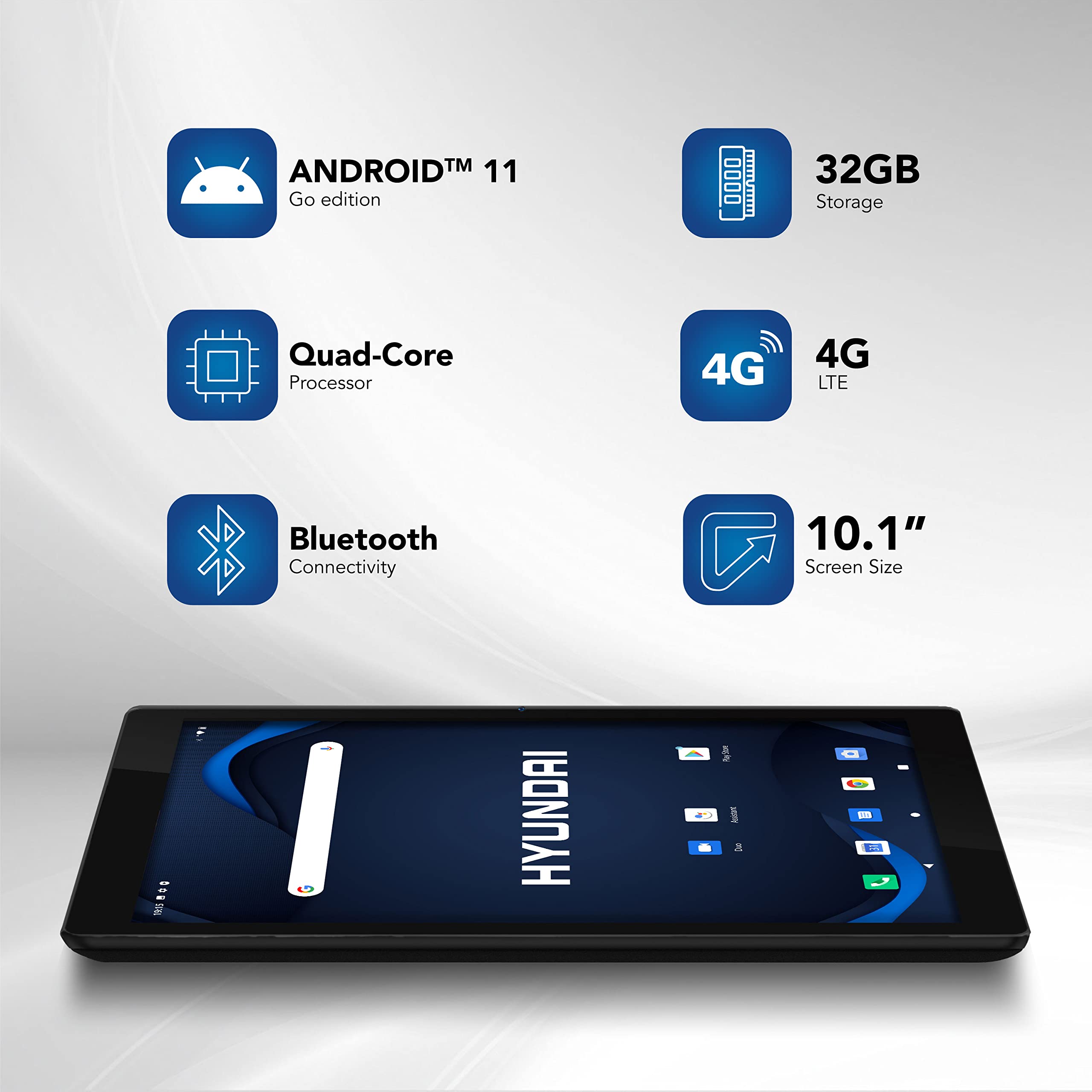 HYUNDAI 10 Inch Tablet, Hytab Plus - 2GB/32GB Storage with Expandable MicroSD(Up to 128 GB) - Android 11 Go with Quad Core - 5000mAh Battery - HD IPS Display, WiFi and LTE (T-Mobile only) - Black
