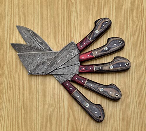 Hand Forged Chef Knives Kitchen Set Damascus Steel Knives Handmade Knife Set,Professional Chef Knives Set Vegetable Meat Cooking Knife Tools Accessories with Beige Solid Wood Handle,5 Pieces Set Knife