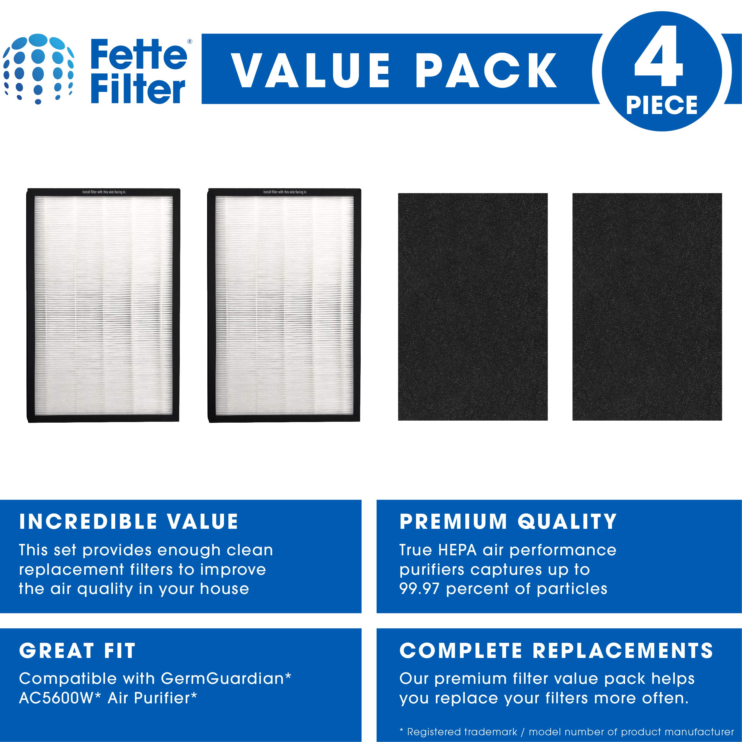 Fette Filter - True HEPA Air Purifier Filter Compatible with Germ Guardian FLT5600 Filter N for Model AC5600W. Compare to Part # FLT5600. (Pack of 2)