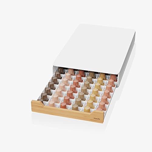 ineshi Bamboo PodStash™ - Coffee Pod Storage Drawer/Holder/Compatible with Nespresso Pods, 60 capacity (White)