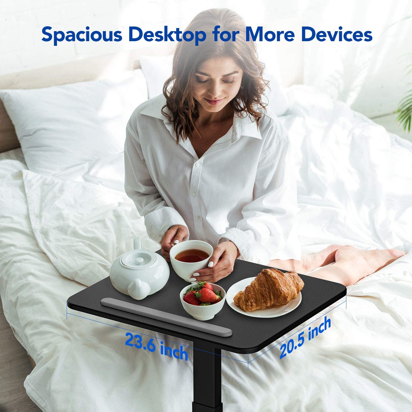 FLEXISPOT MT3 Medical Adjustable Overbed Table with Wheels Pneumatic Mobile Standing Desk Laptop Desk Rolling Computer Cart Movable Overbed Table Hospital Home Use (23.6" W x 20.5" D, Black Table)