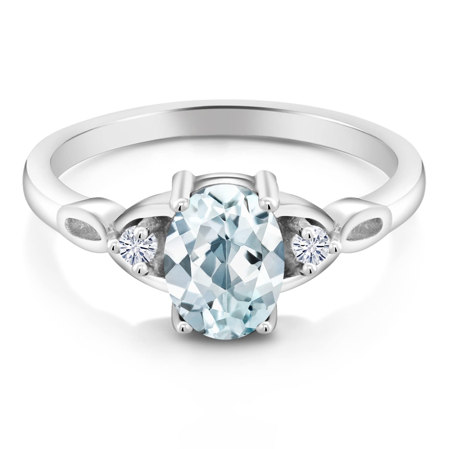 Gem Stone King 925 Sterling Silver Sky Blue Aquamarine and White Moissanite 3-Stone Rings For Women (1.28 Cttw, Gemstone March Birthstone, Oval 8X6MM, Available In Size 5, 6, 7, 8, 9)
