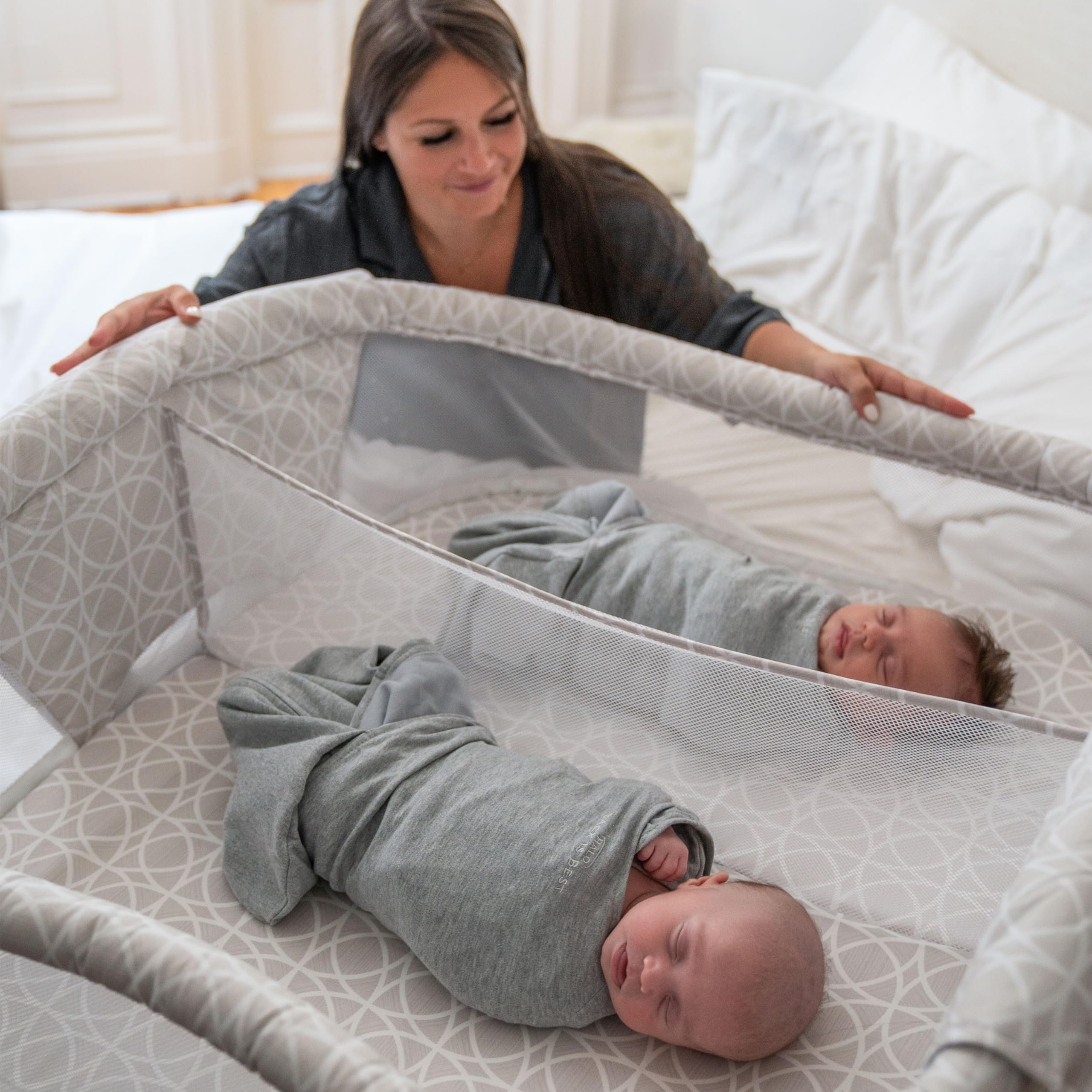 HALO BassiNest Twin Sleeper, Bedside Double Bassinet, Adjustable, Soothing Center with, Vibration, Soothing Sounds and Lullabies β Premiere Series, Sand Circle