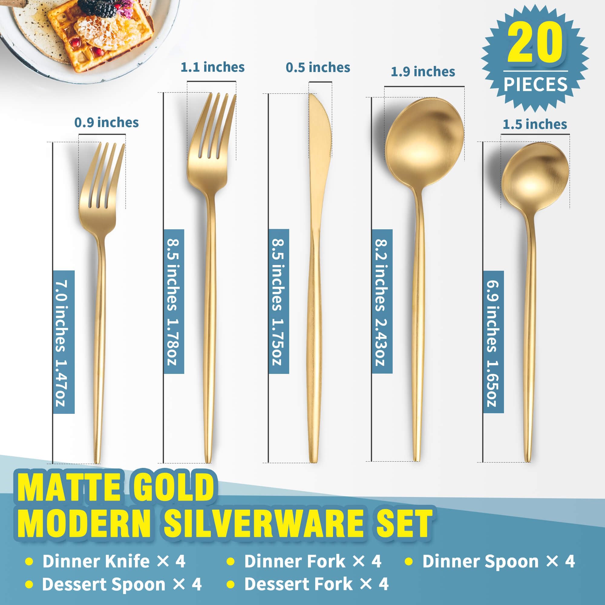 Lemeya Matte Gold Silverware Set,Modern Stainless Steel Flatware Set,20 Pieces Cutlery Set Service for 4,Tableware Utensil Set for Home and Restaurant, Satin Finish, Dishwasher Safe