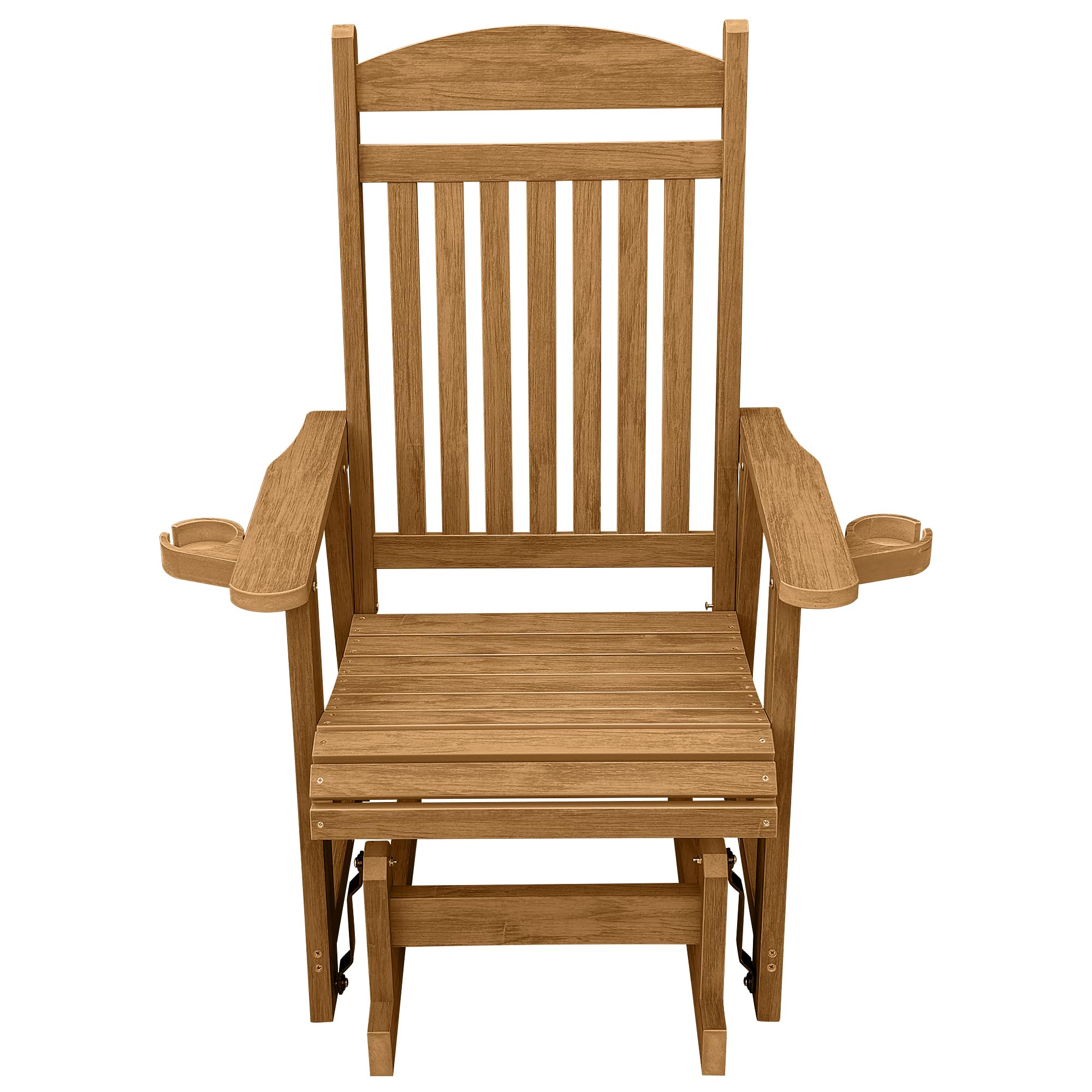 Poly Lumber Patio Glider for One Person, Ergonomic Deep Seat and High Backrest, with Removable Cup Holders, Wood-Like Pattern, Heavy Duty 700 LBS, for Outdoor Patio Garden Yard (Brown)
