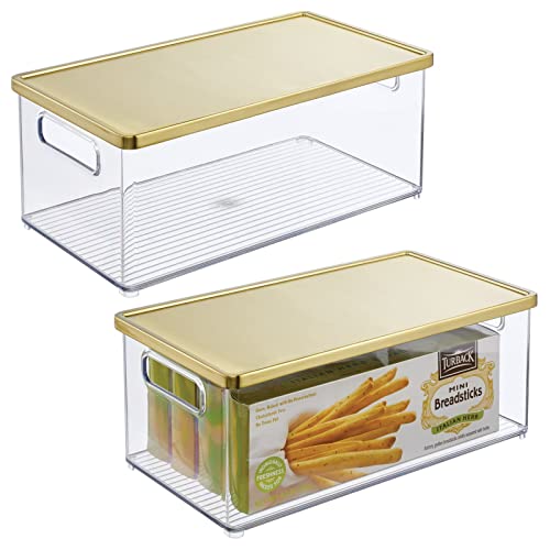 mDesign Plastic Kitchen Storage Bin - Stackable Fridge, Pantry Cabinet, Freezer Organizer - Food Storage Bin Box w/Handles, Steel Lid - 15" Long - Ligne Collection - 2 Pack - Clear/Soft Brass
