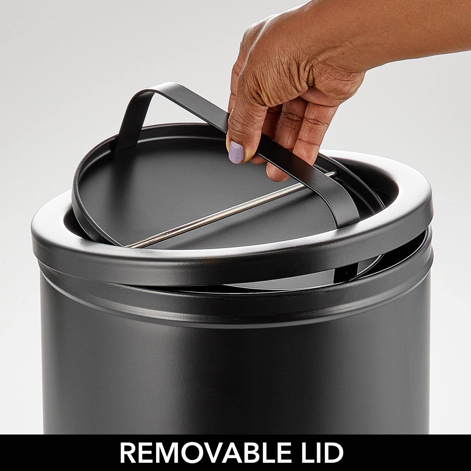 mDesign Small Round Metal 4.8 Gallon Covered Bathroom Garbage Swing Lid Trash Can Waste Basket Bin for Bathroom, Bedroom, Kitchen, Craft Room, Office, Laundry Room, Garage - Black