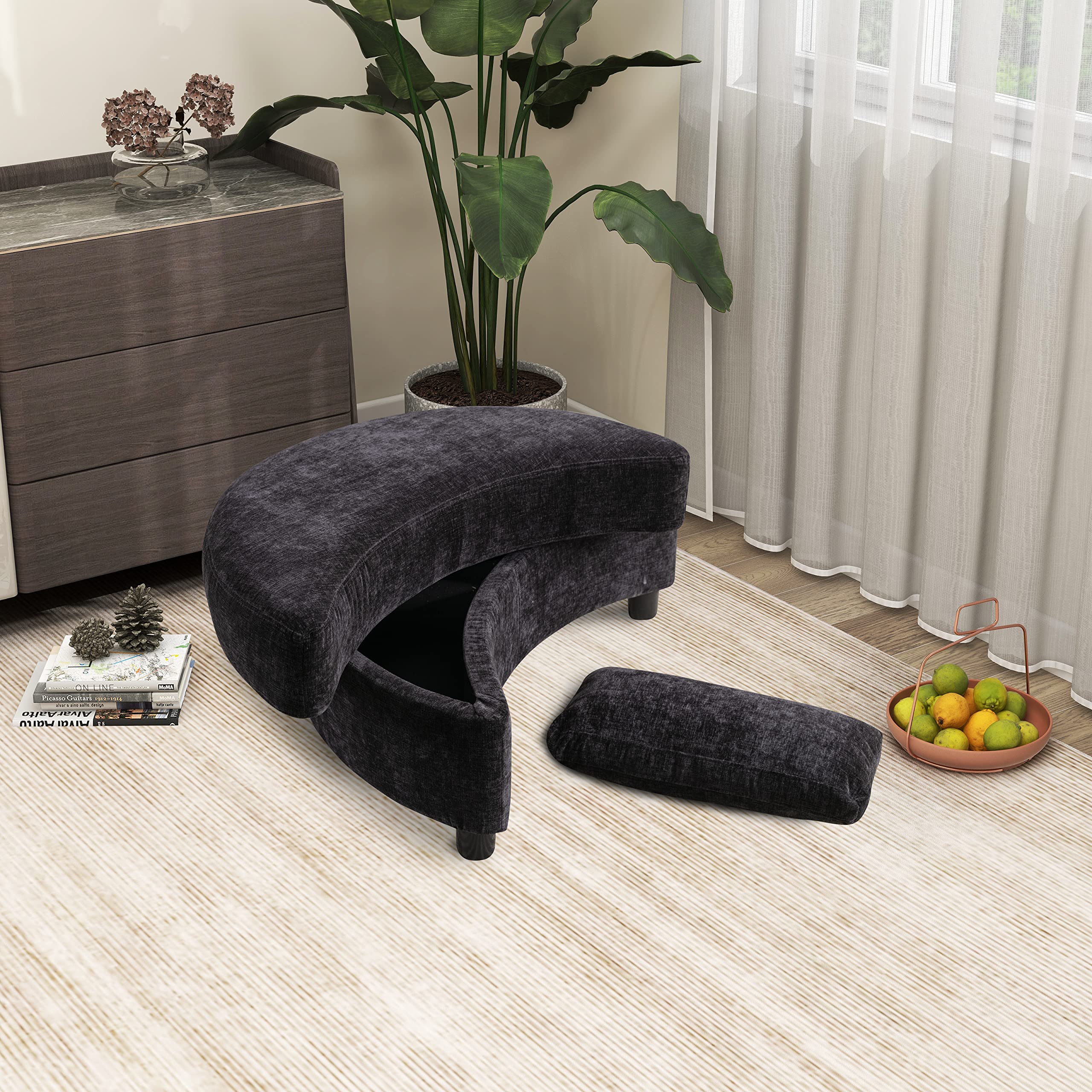 HABITRIO Storage Ottoman, Black Chenille Upholstered Half Crescent Moon Bench w/ 1 Toss Pillow, Tray Serve As Side Table, Padded Seat Dressing Shoe Bench Footrest for Living Room, Entryway, Hallway